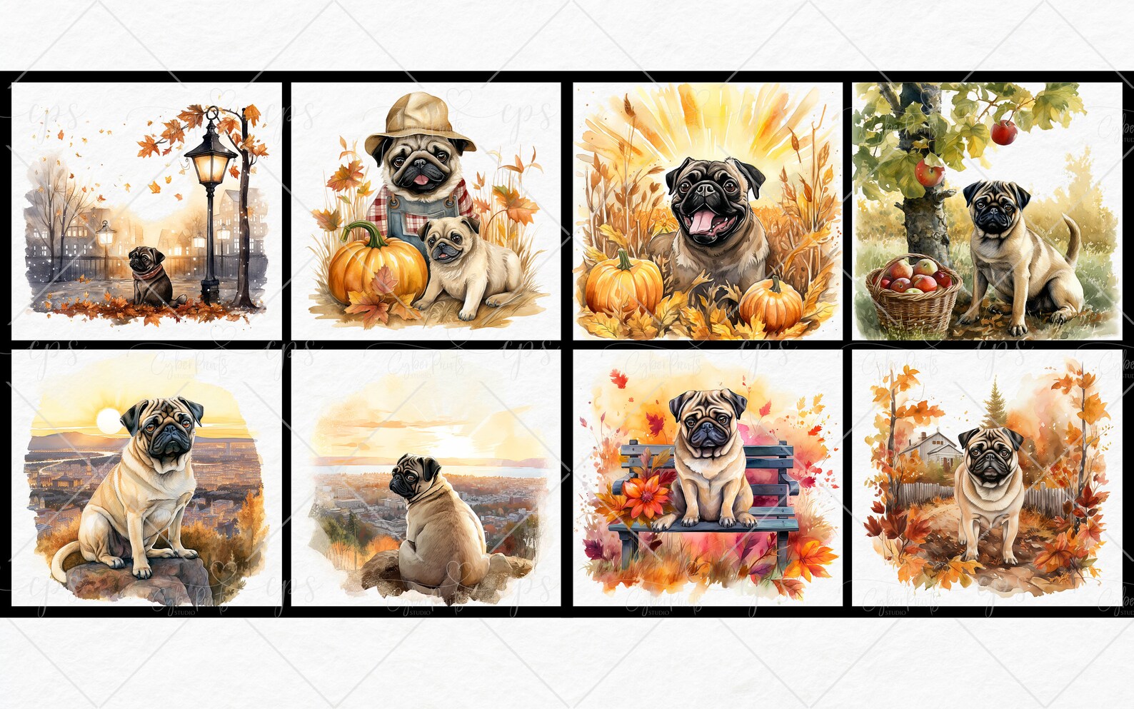 Watercolor Pugs in Autumn, Halloween Dogs in Autumn, Instant Download ...