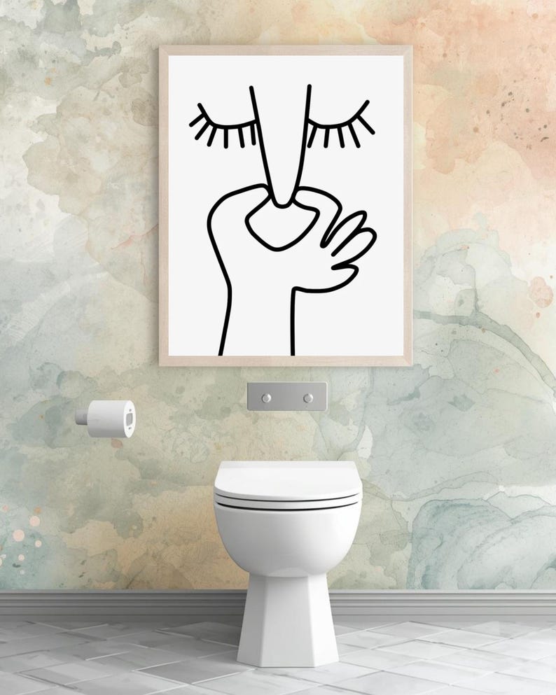 Funny Bathroom Print, Minimalist Line Art Restroom, Funny Face Poster ...