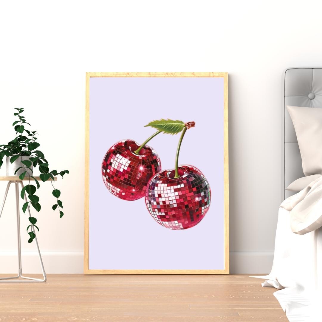 Disco Cherry Print, Retro Bar Cart Art, Pink Baddie Apartment Decor ...