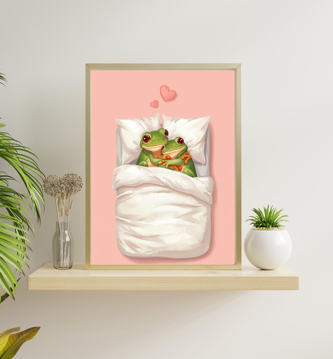 Cuddling Frogs Couple in Bed Print, Whimsical Bedroom Poster, Romantic ...