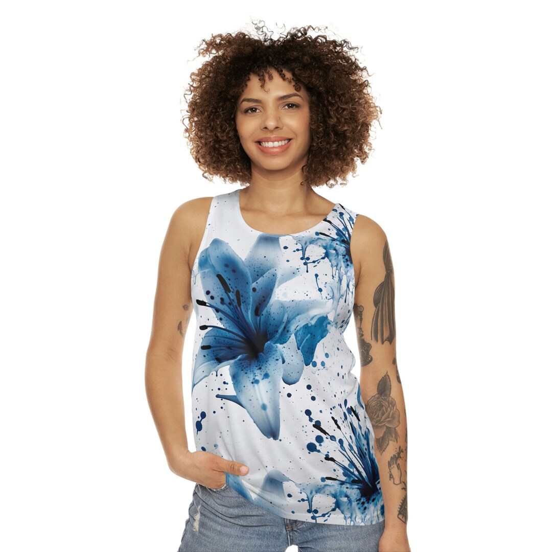 White and Blue Flower Stencil Spray Paint Art Style, Sleeveless Unisex ...