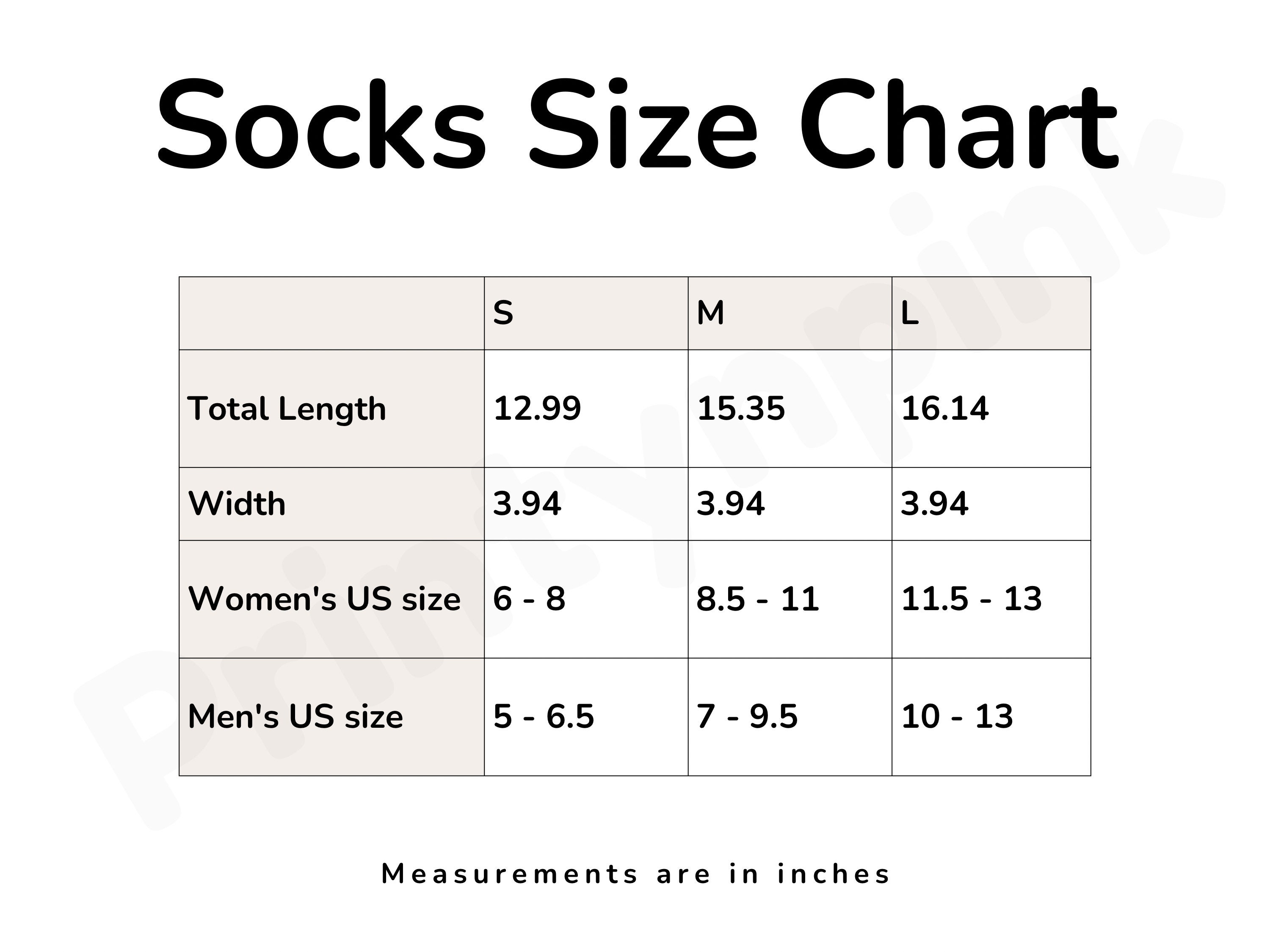 Socks Size Chart Print On Demand Socks Size Chart Sublimation Socks Size Chart Sock Size