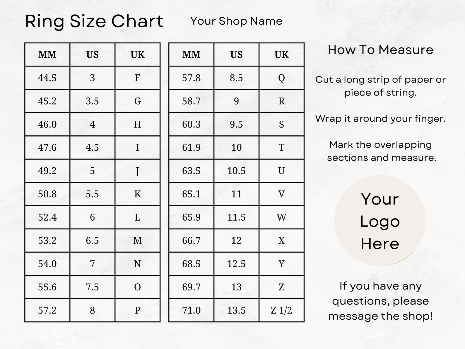 Custom Ring Size Chart, for Ring Sizing, Editable Ring Sizer, Size ...