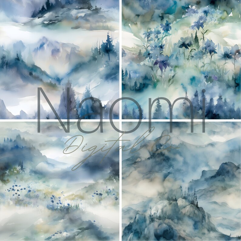 Watercolor Blue Mountains Digital Paper 12 Designs 12 in X 12 in ...