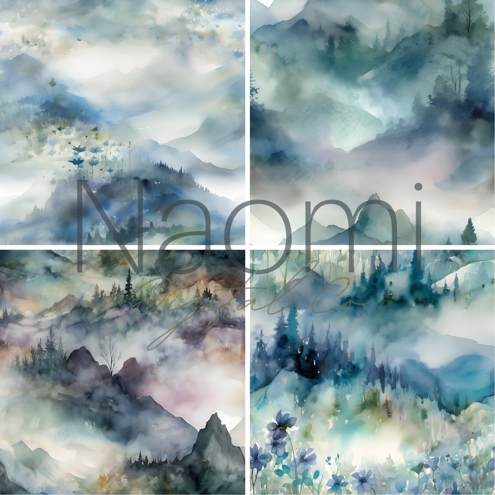 Watercolor Blue Mountains Digital Paper 12 Designs 12 in X 12 in ...