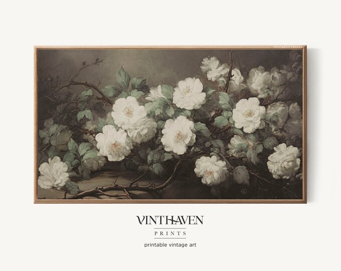 Botanical Wild White Rose Bush Still Life TV Frame Art | Oil Painting ...