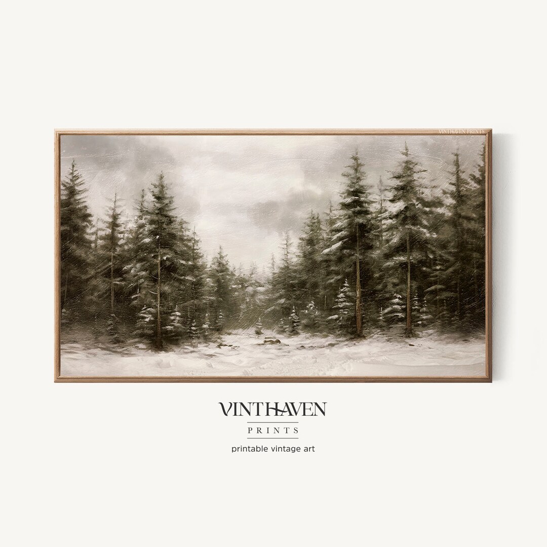 Vintage Christmas Snowy Pine Forest Holiday Landscape TV Frame Art ...