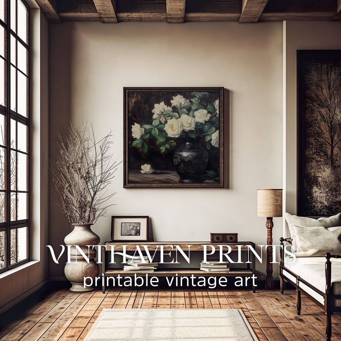 Rustic Potted White Rose Still Life Wall Art Oil Painting PRINTABLE Art ...