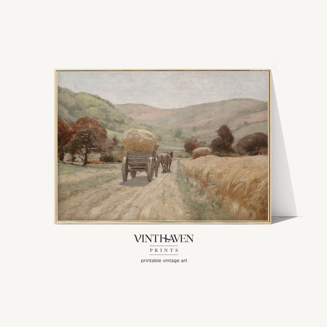Muted Fall Farmhouse Hayfield Harvest Scene | Oil Painting | PRINTABLE ...