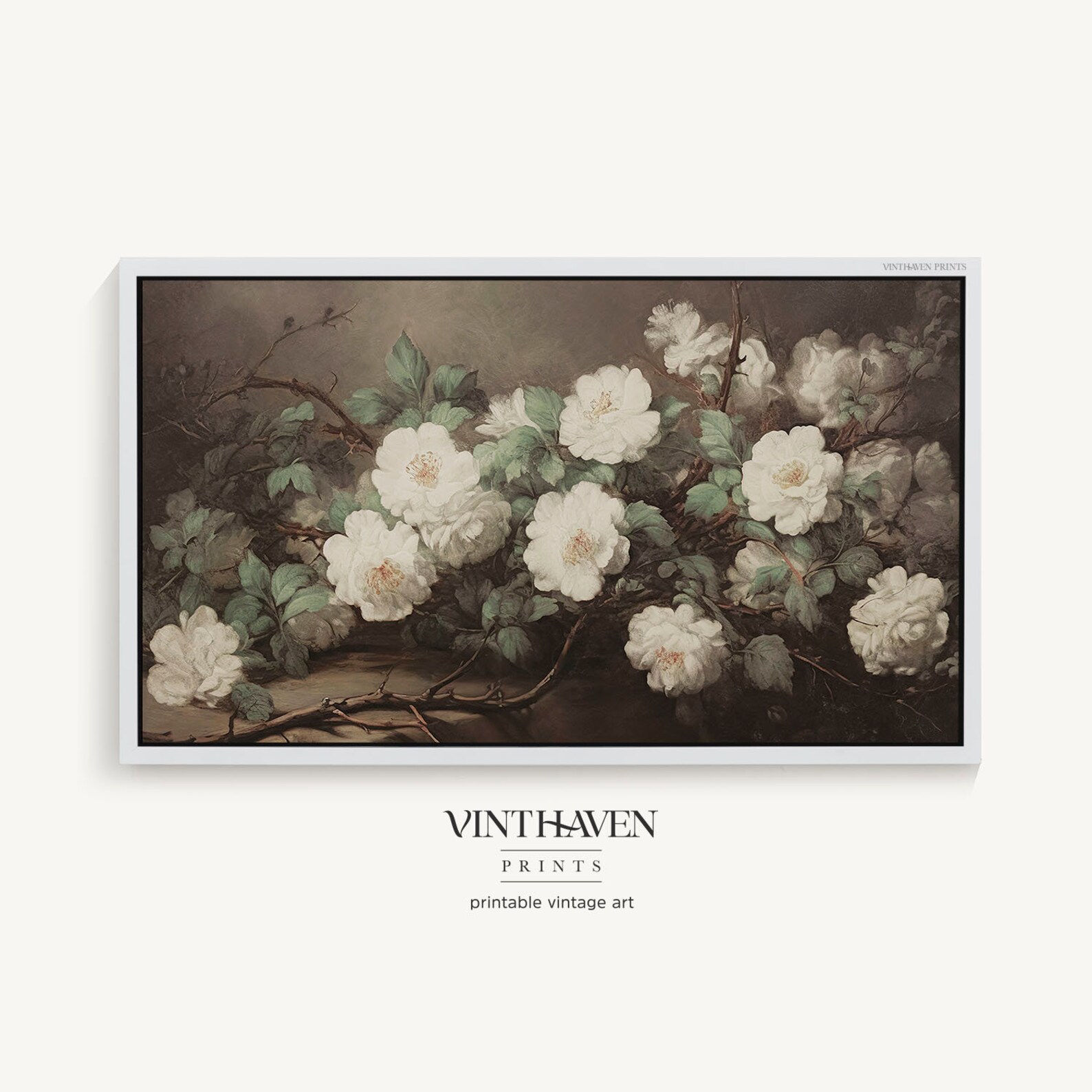 Botanical Wild White Rose Bush Still Life TV Frame Art | Oil Painting ...