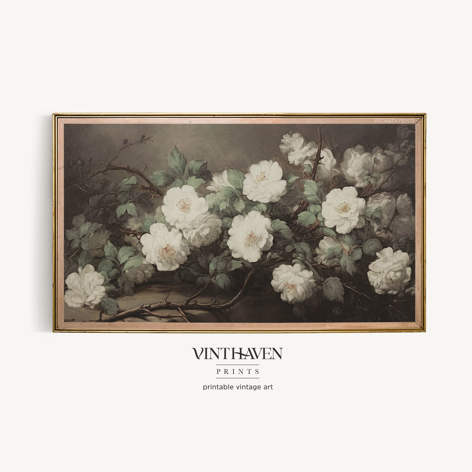 Botanical Wild White Rose Bush Still Life TV Frame Art | Oil Painting ...