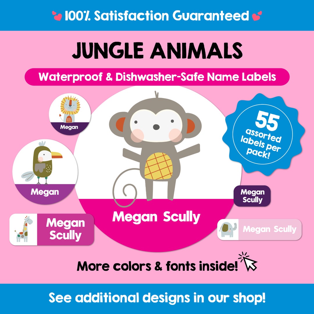Jungle Animals Waterproof Dishwasher Safe Labels Custom Labels Kid Name ...