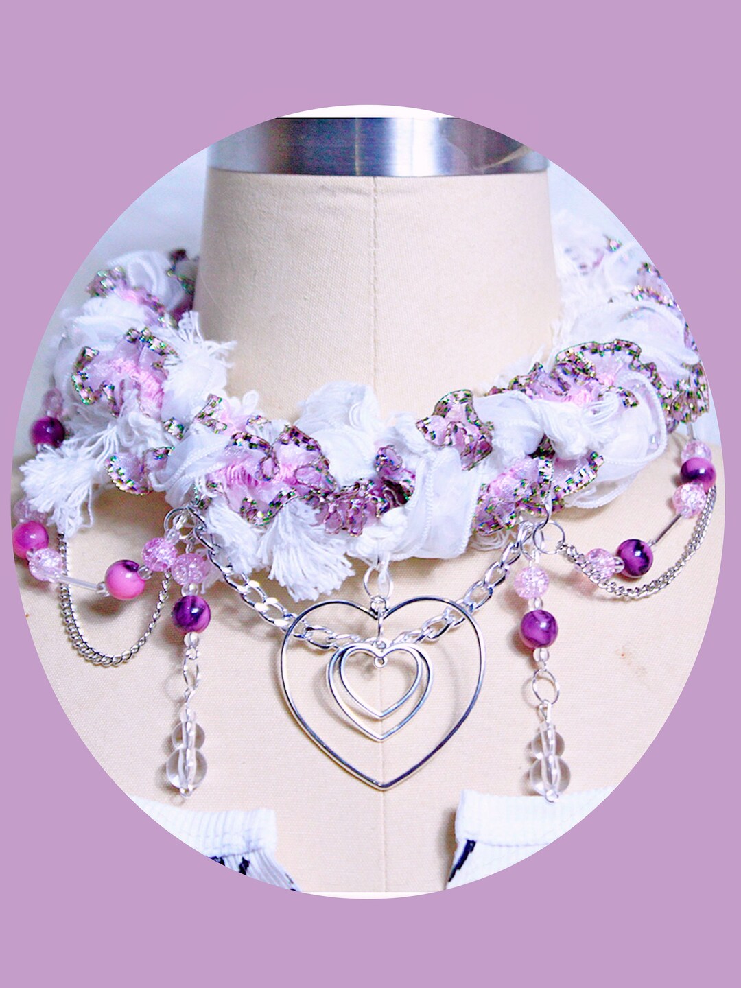Handmade Pink Y2K Necklace, Layering Lace Ribbon Bead Necklace ...