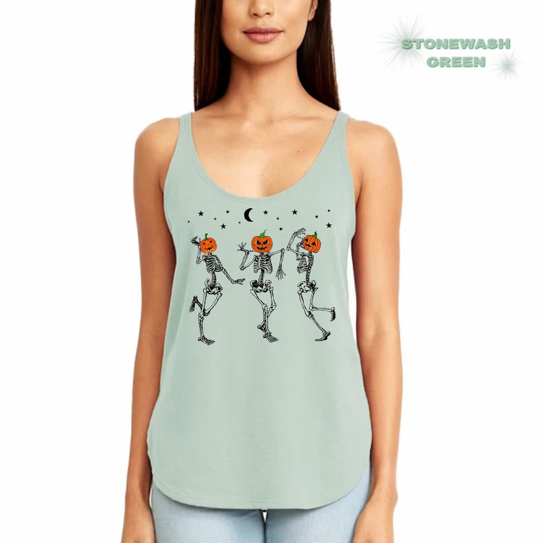Dancing Skeleton Pumpkin Tank Top, Retro Halloween Women's Tank Top ...