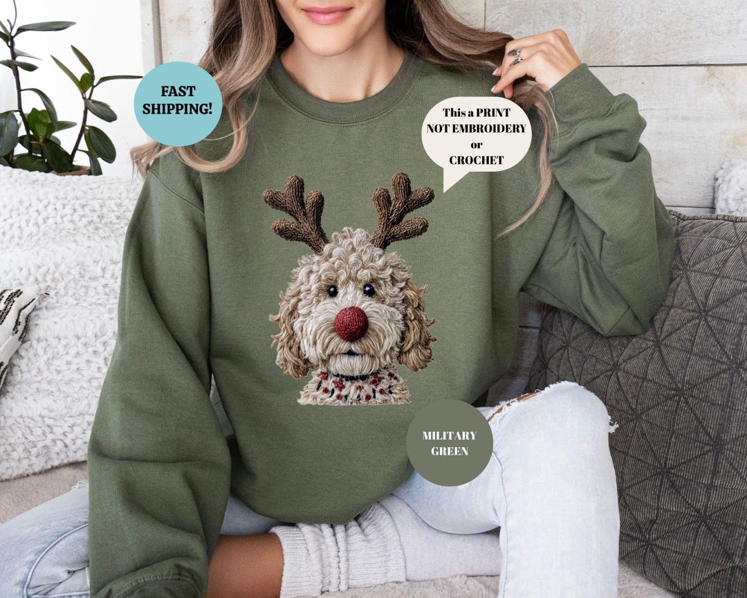 Christmas Dog Sweatshirt, Faux Yarn Goldendoodle Reindeer Sweatshirt ...