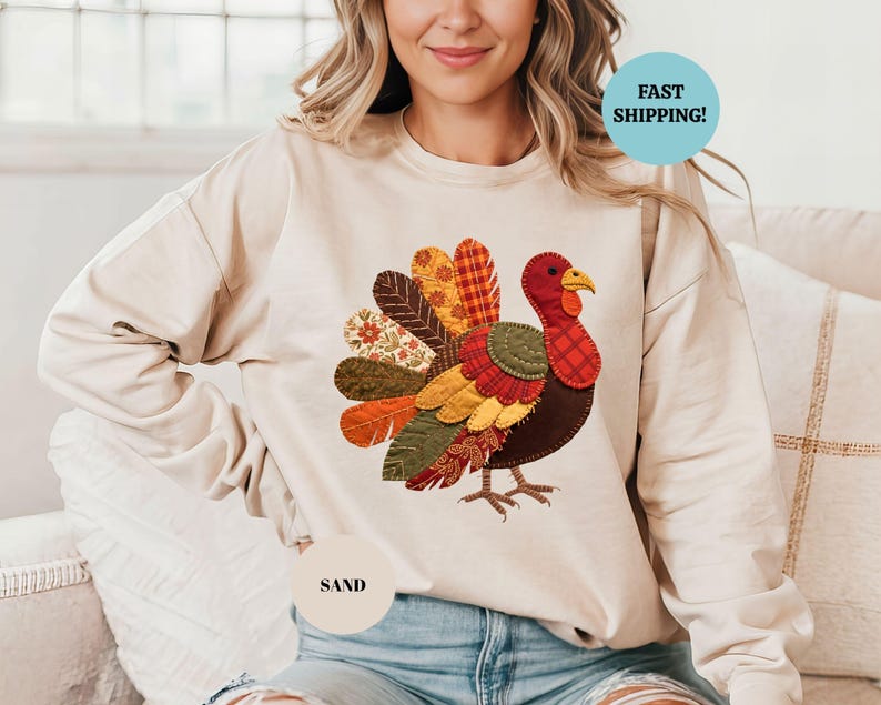 Patchwork Turkey Sweatshirt: Thanksgiving Autumn Apparel Not Embroidery ...