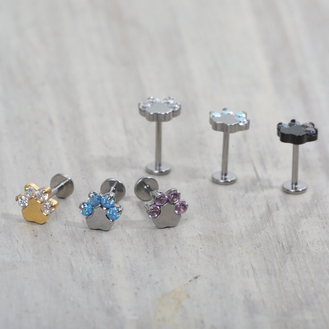 Titanium Dog Paw With Cz Push in Labret 16g, 18g, 20g Tragus Cartilage ...