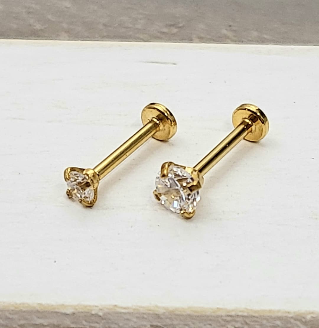 18g Push in 2mm/3mm Gold CZ Prong Type Labret, Surgical Steel Ball ...