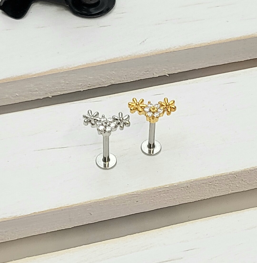 16g Three Flowers W/stone Piercing single, 316L Surgical Steel Bar ...