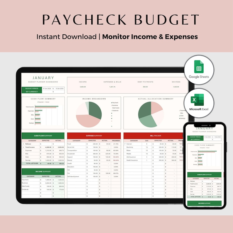 Paycheck Budget Excel, Google Sheets Budget Template, Paycheck Budget ...