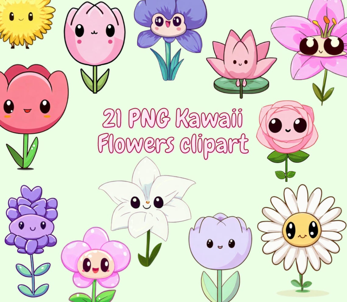 Kawaii Flowers Clipart - Kawaii Design - Flowers - 21 Images - Digital ...