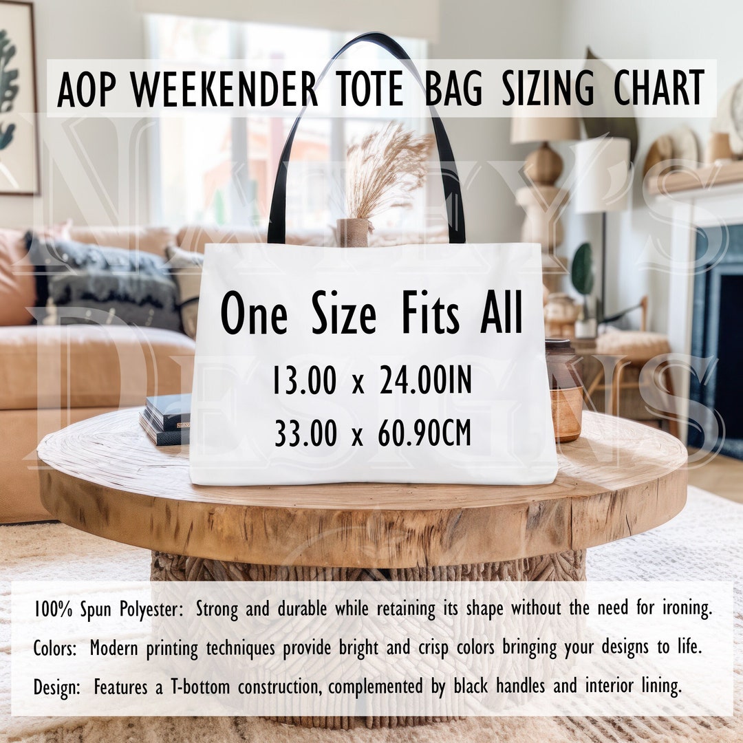 AOP Weekender Tote Sizing Chart & Mock Up, Printify Black Handle Tote, All Over Print Bags ...