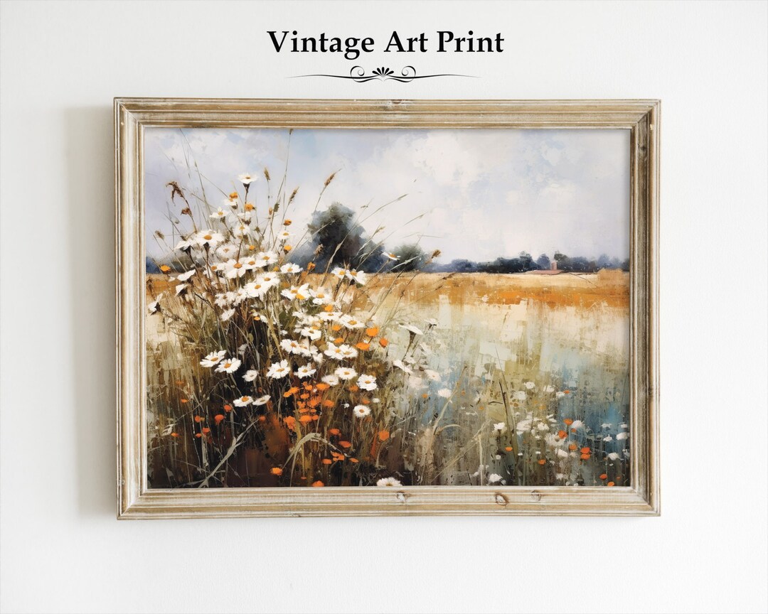 Printable Wildflower Daisies Field Oil Painting, Vintage Landscape Art ...