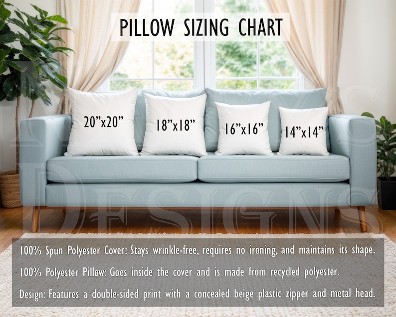 Square Pillow Sizing Chart & Mock Up, All Over Print Spun Polyester ...