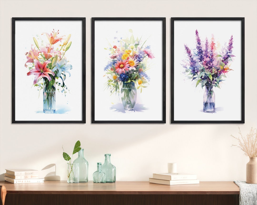 Colorful Wildflower Art Set of 3, Tryptic Wall Art, Watercolor Bright ...