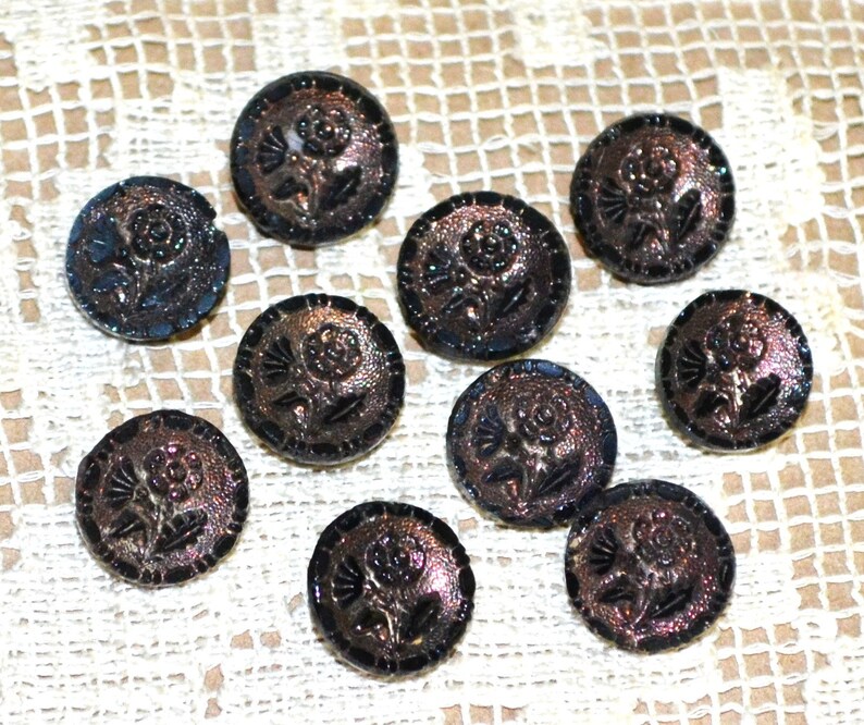10 Antique Victorian 1800s Black Glass Flower Buttons, Czech, Mourning ...