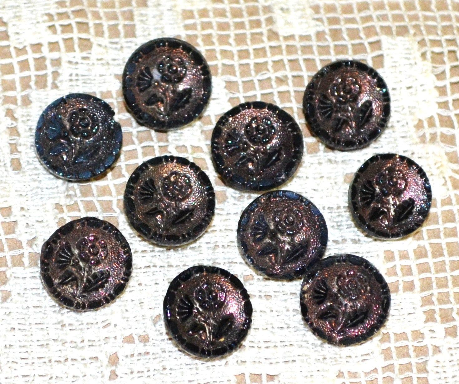 10 Antique Victorian 1800s Black Glass Flower Buttons, Czech, Mourning ...