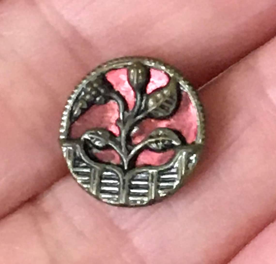 Antique Victorian Picture Button, Flower Plant, Red Background, Silver ...