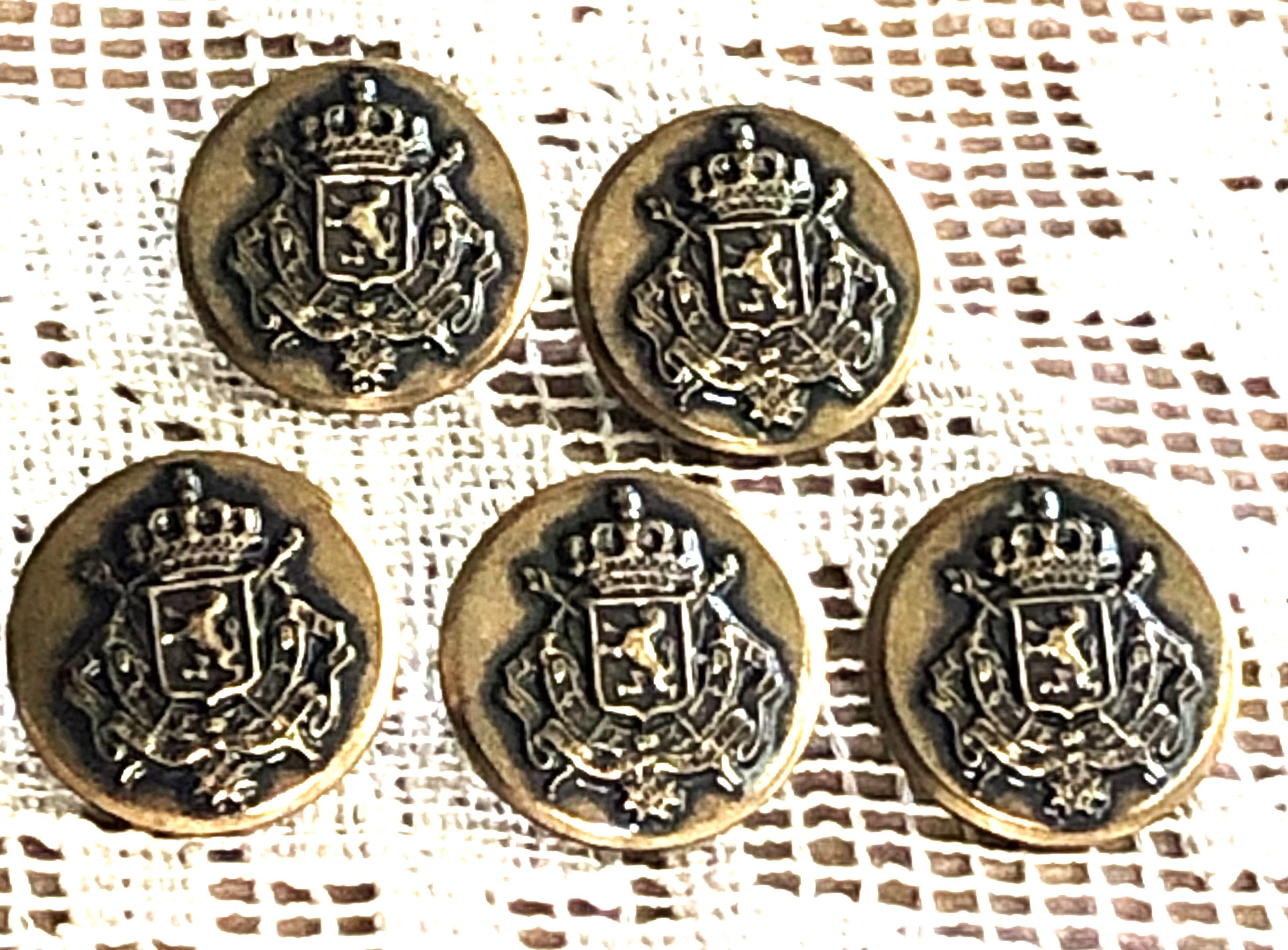 5 Vintage Crest Buttons, Lion Passant Shield, Crown, Gold Tone Metal ...