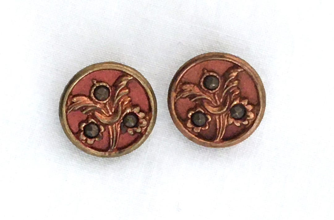 2 Antique Victorian Red Tint Brass Picture Buttons, Flowers, Self Shank ...