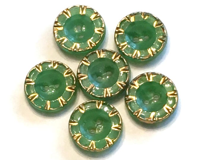 6 Vintage Green Glass Buttons, Hand Painted Gold Accents, Round|sewing ...