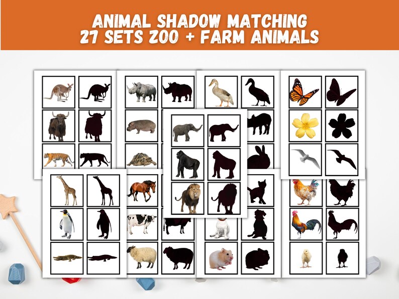 ZOO + FARM Shadow Matching Cards- Zoo + Montessori Printable. Preschool ...