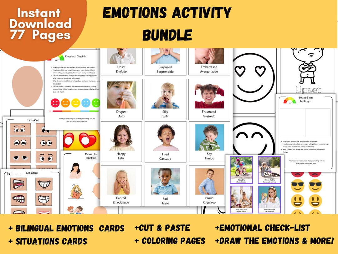 Emotions Flashcards Bilingual, Feelings Check- In, Coloring Sheets ...