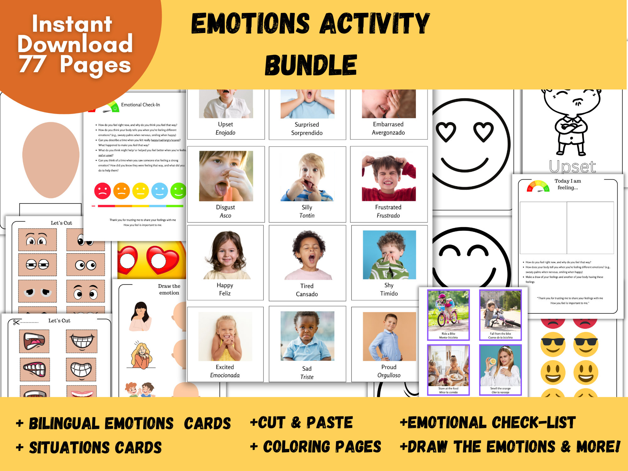 Emotions Flashcards Bilingual, Feelings Check-in, Faces Mask, Coloring ...