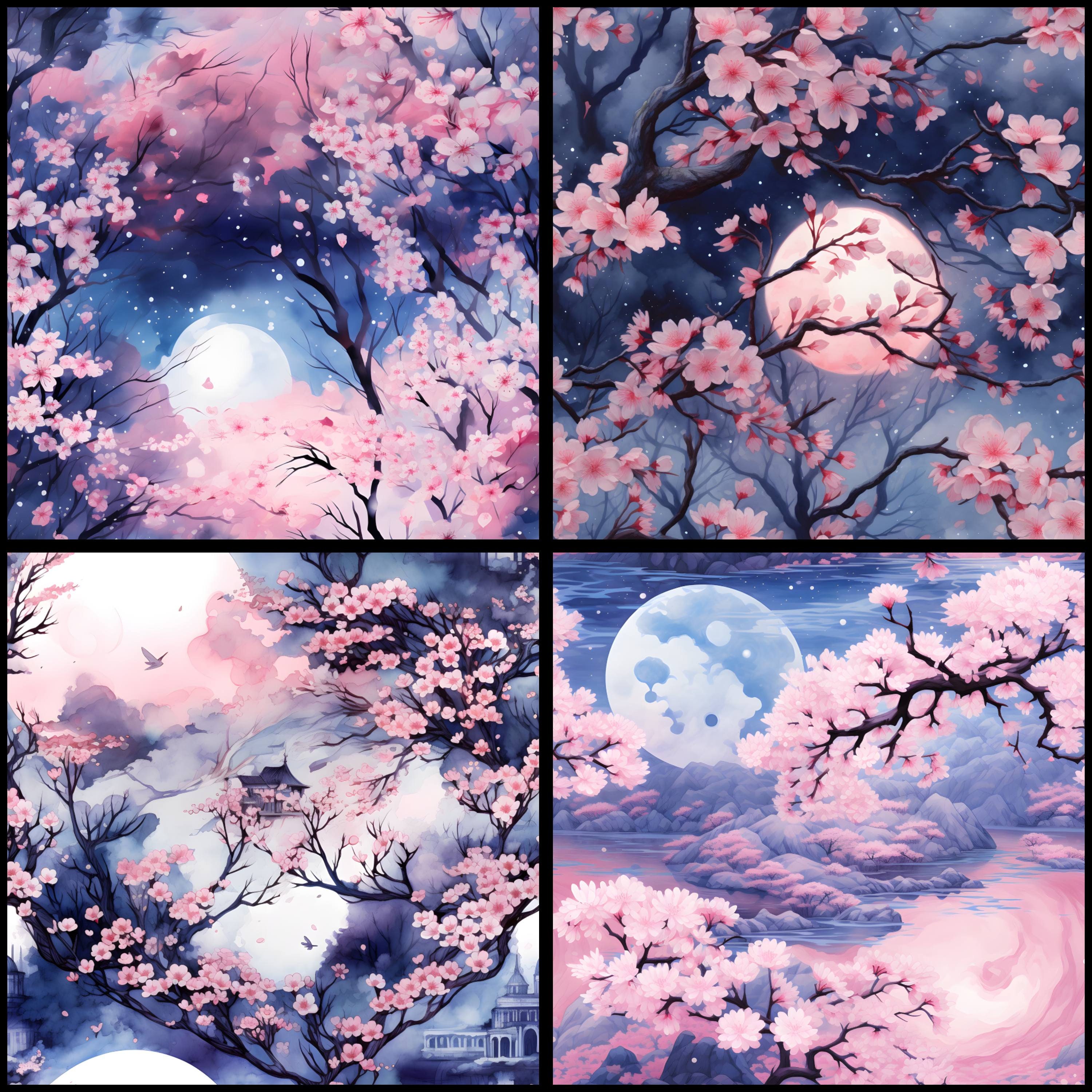 Digital Paper Sakura Pattern Instant Download Seamless Digital Moonlit ...