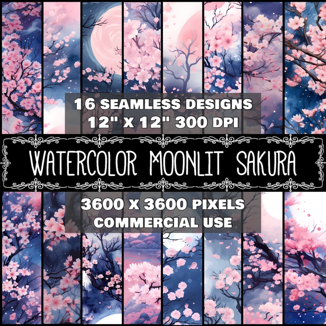 Digital Paper Sakura Pattern Instant Download Seamless Digital Moonlit ...