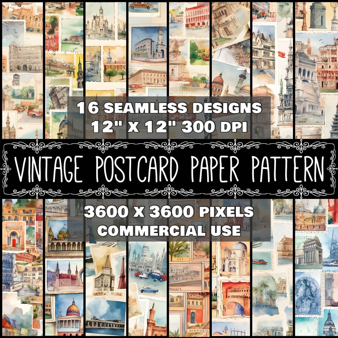 Digital Paper Vintage Postcard Pattern Seamless Instant Download ...