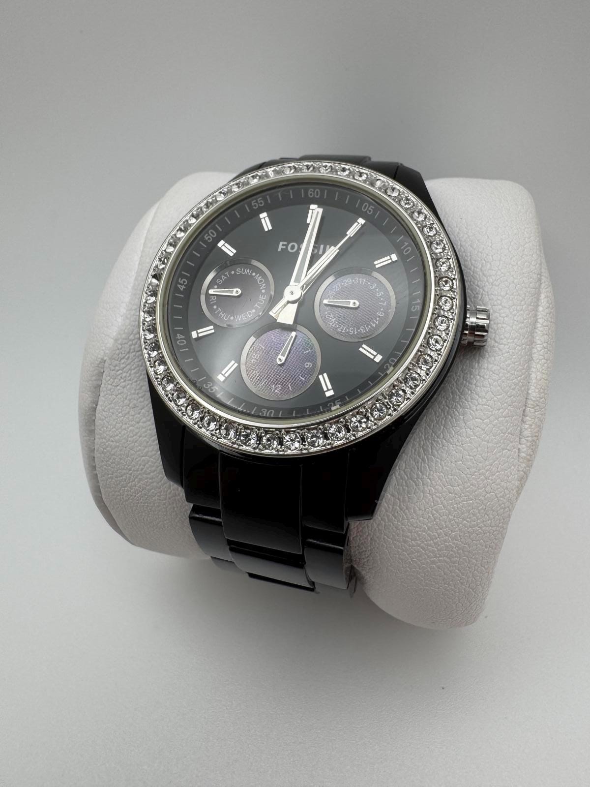 Fossil Black Multifunction Watch With Crystal Bezel – 37mm Quartz - Etsy