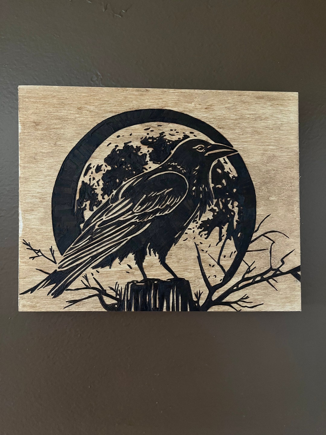 Wood-burned Crow/moon Canvas - Etsy Canada