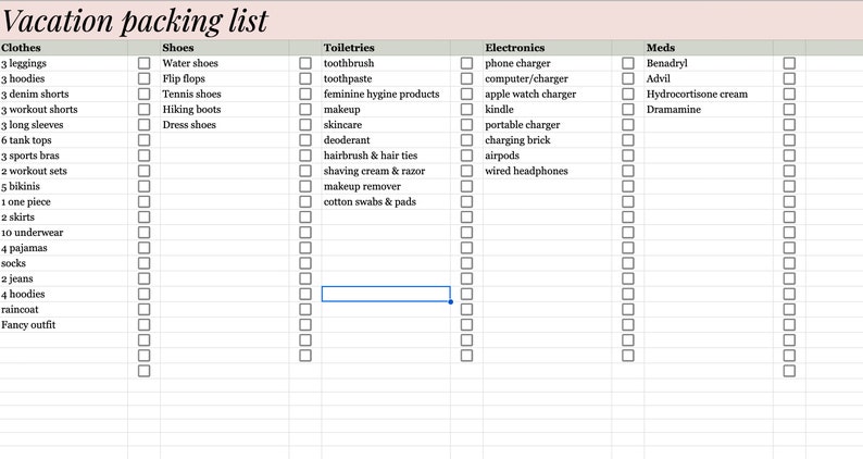 Packing List Checklist DOWNLOADABLE & EDITABLE Google Sheets Microsoft ...