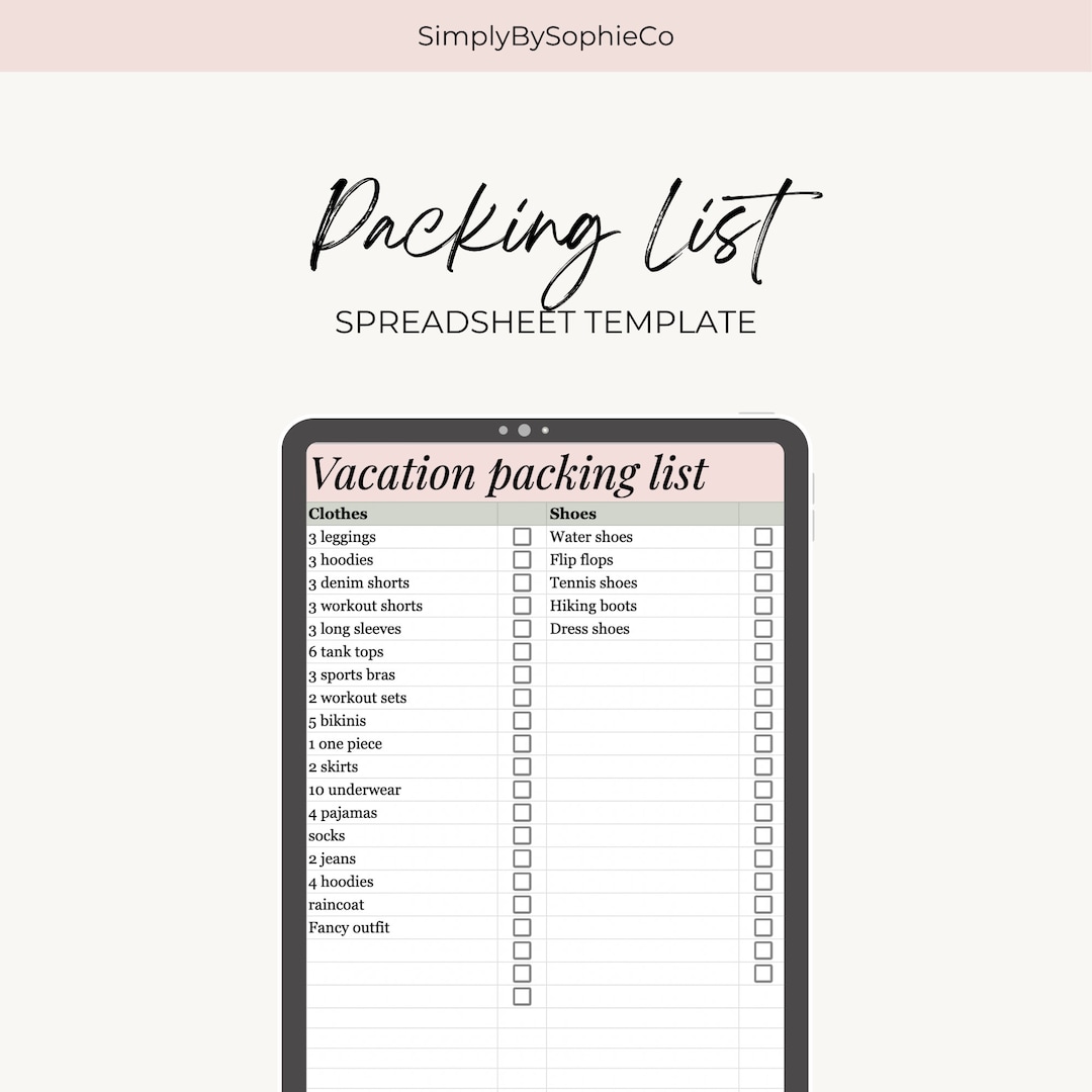 Packing List Checklist DOWNLOADABLE & EDITABLE Google Sheets Microsoft ...