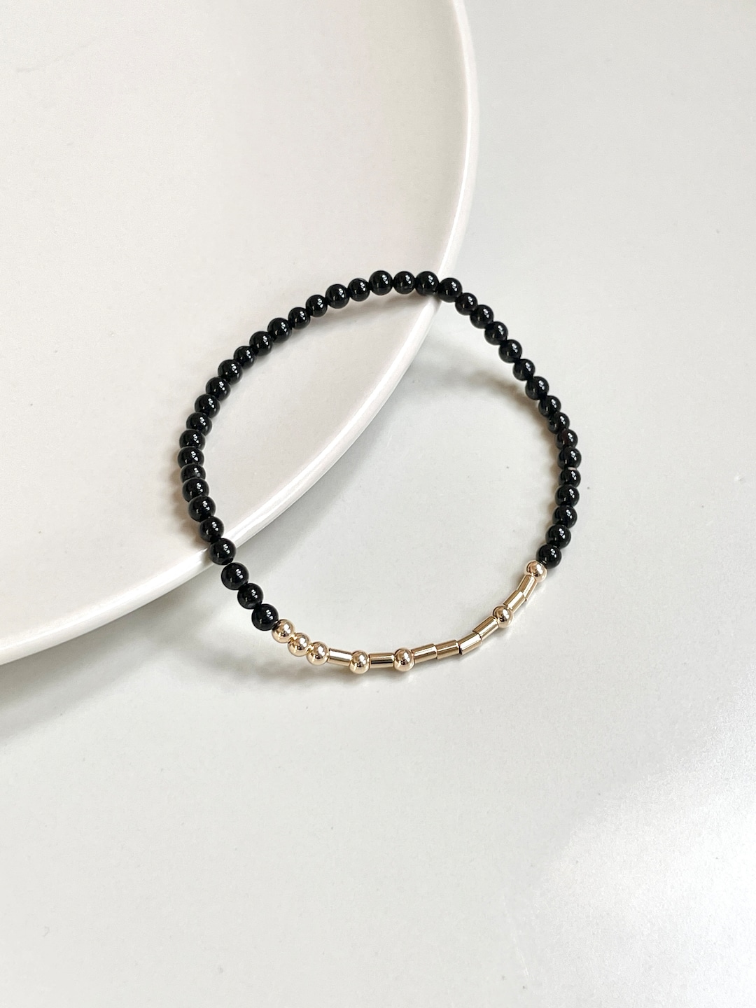 Strong Morse Code Bracelet, Dainty 3mm Black Onyx Round Gemstone, 14K ...