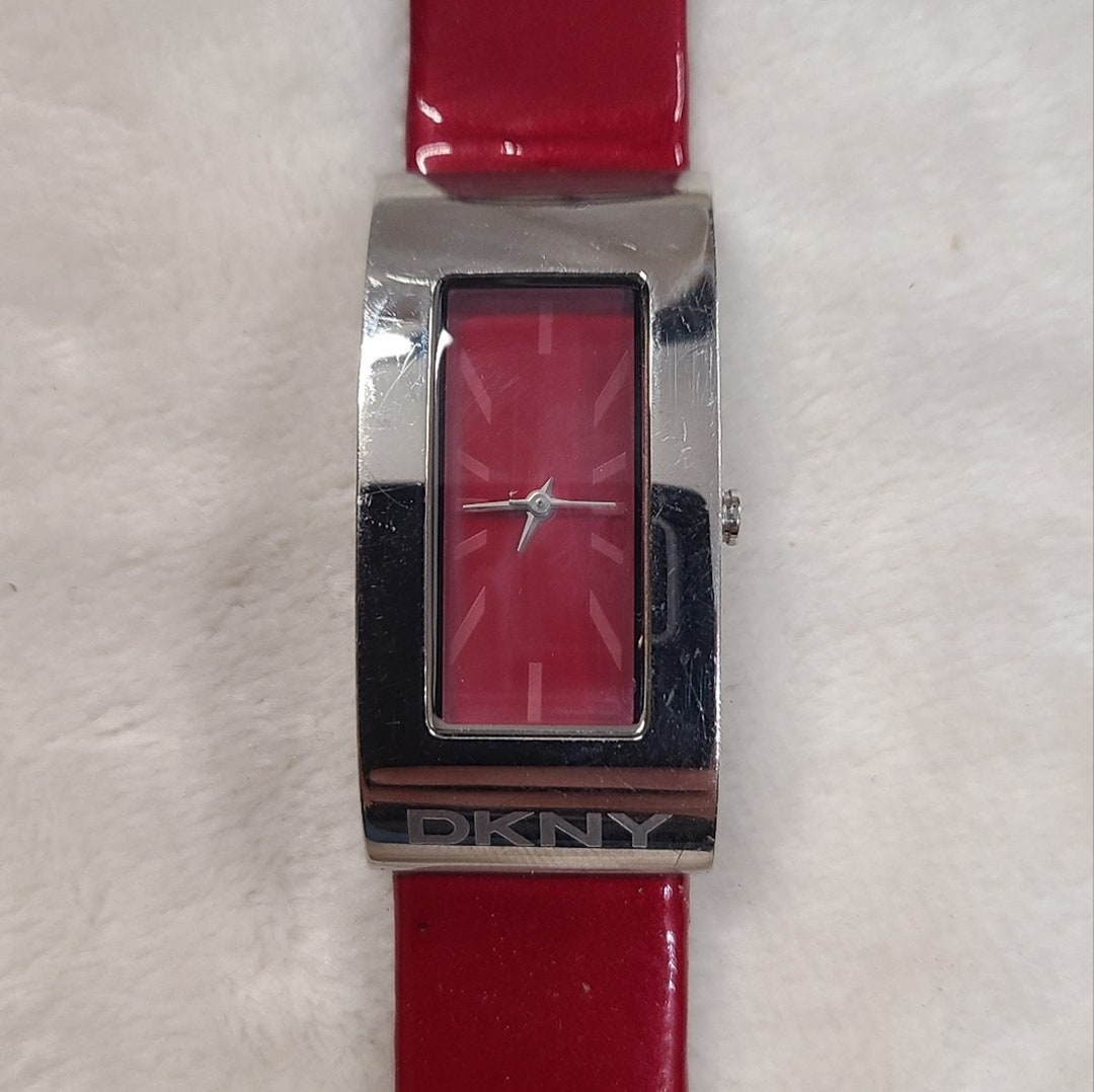 DKNY Women's Silver Tone Rectangular Face Watch With Red Leather Band ...