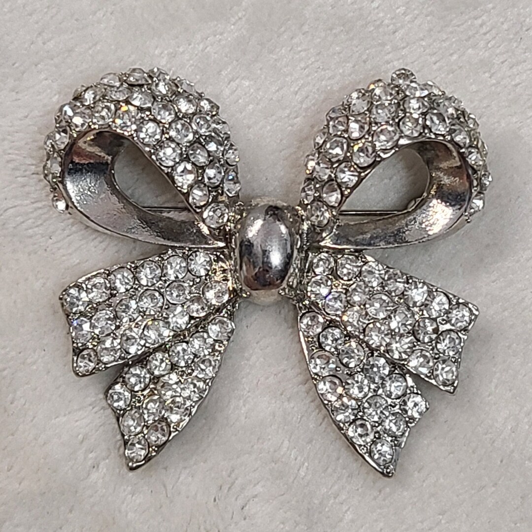 Vintage Silver Tone Rhinestone Pave Bow Brooch - Etsy