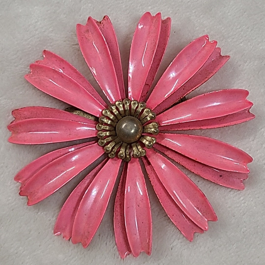 Vintage Large Pink Metal Flower Brooch - Etsy