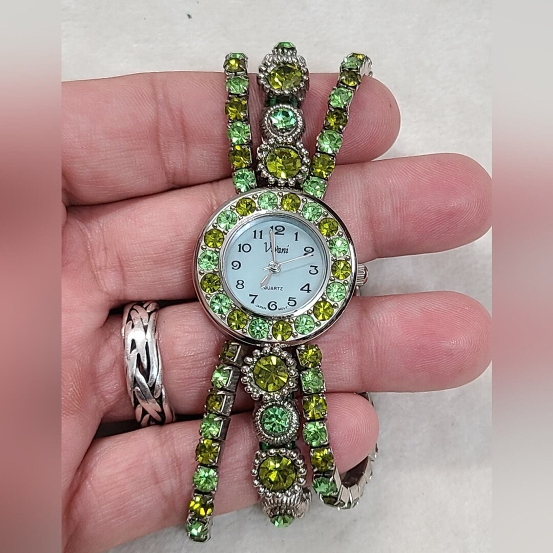 Vivani Women's Silver Tone Watch With Green Rhinestones - Etsy